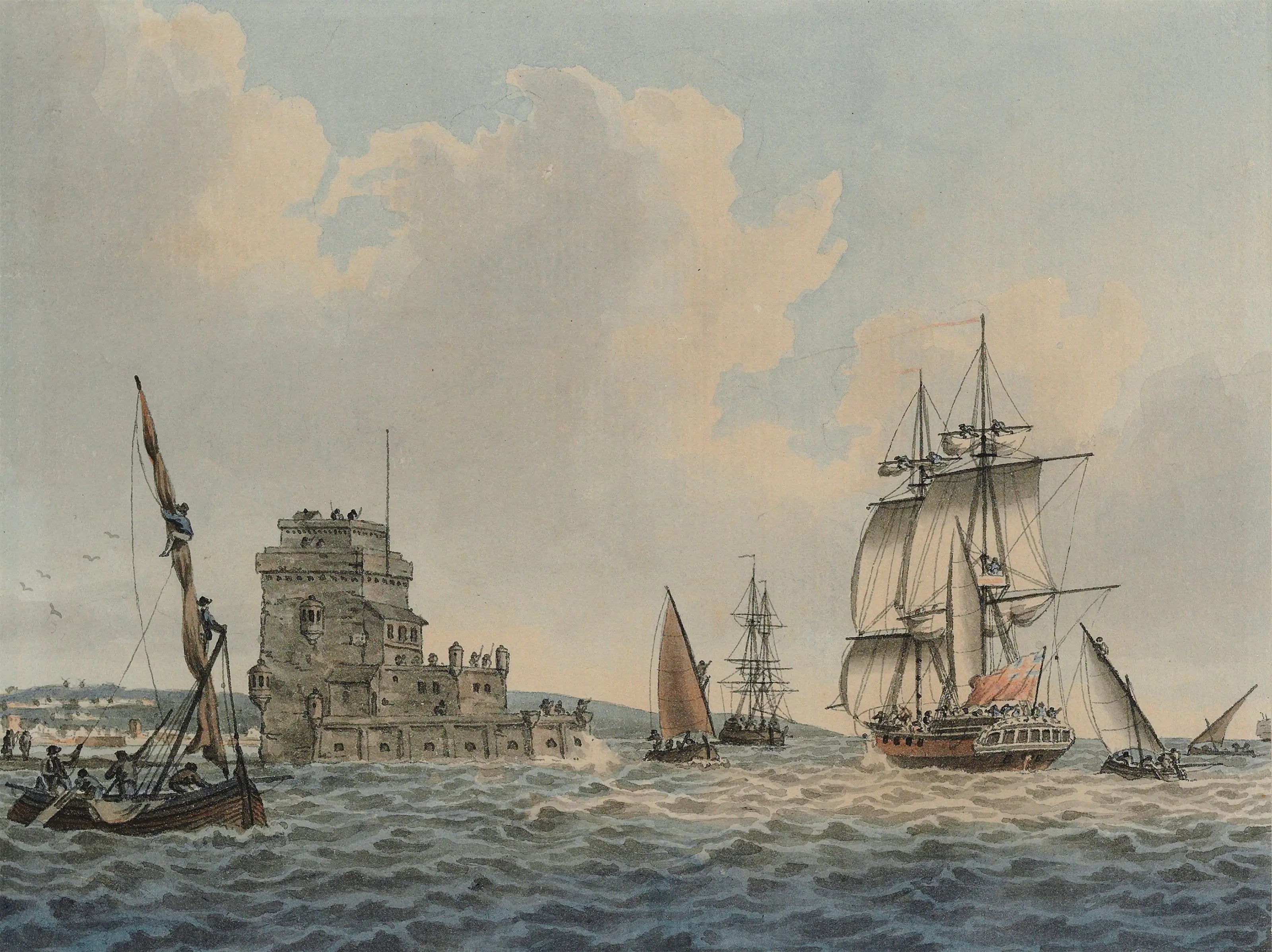 John Cleveley - Captain Cook's Ships near Belem Castle Lisbon (1770s ...