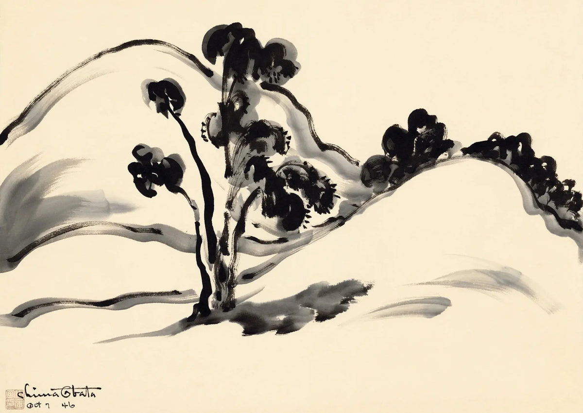 Chiura Obata - Landscape with Tree and Hills (1946) - 17" x 22" Fine ...