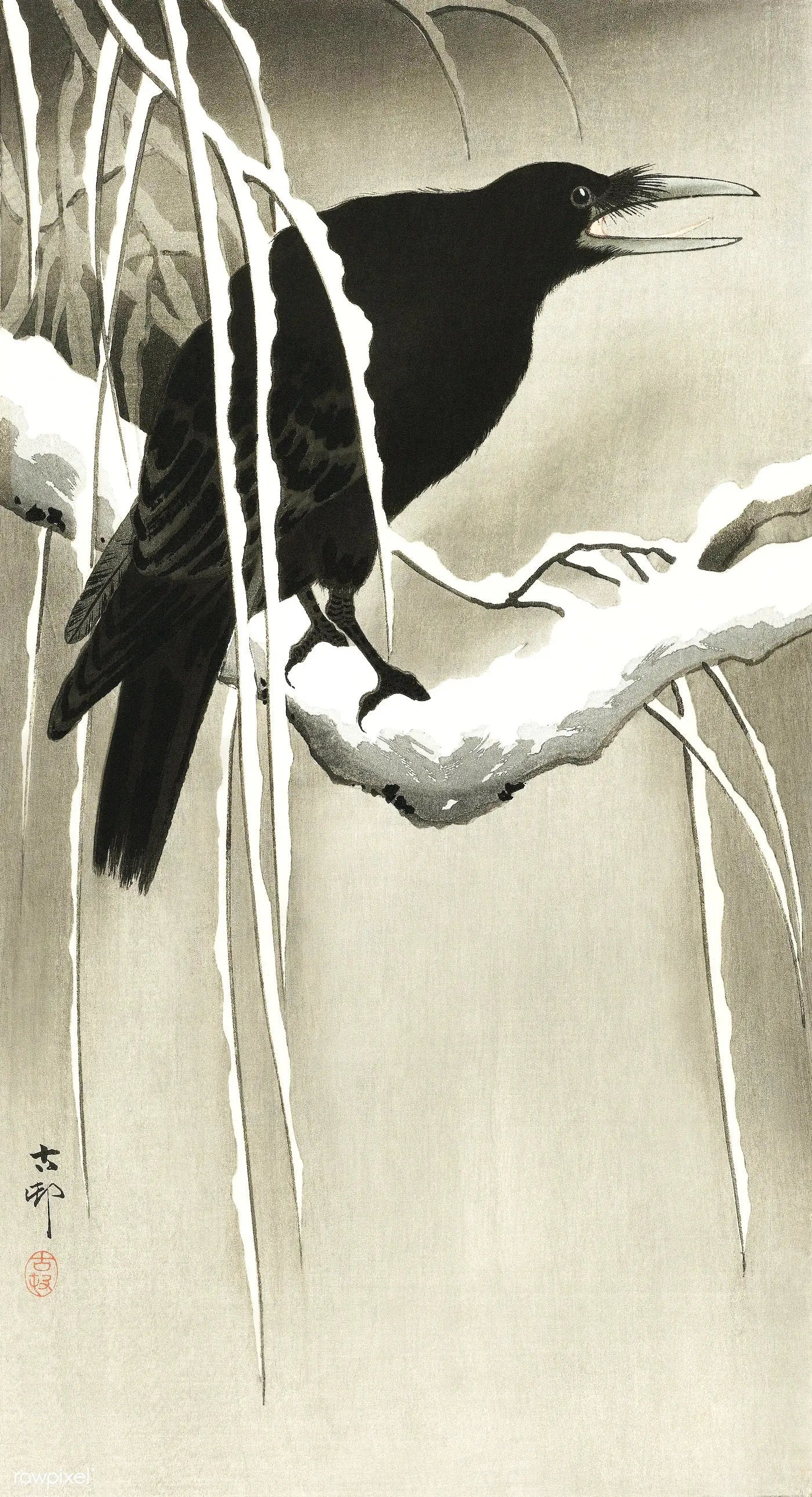 Ohara Koson - Crow on a Snowy Branch (circa 1910) - 17" x 22" Fine Art ...